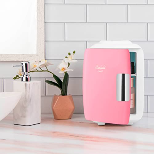 Cooluli Skincare Mini Fridge for Bedroom - Car, Office Desk & Dorm Room - Portable 4L/6 Can Electric Plug In Cooler & Warmer for Food, Drinks, Beauty & Makeup - 12v AC/DC & Exclusive USB Option, Pink