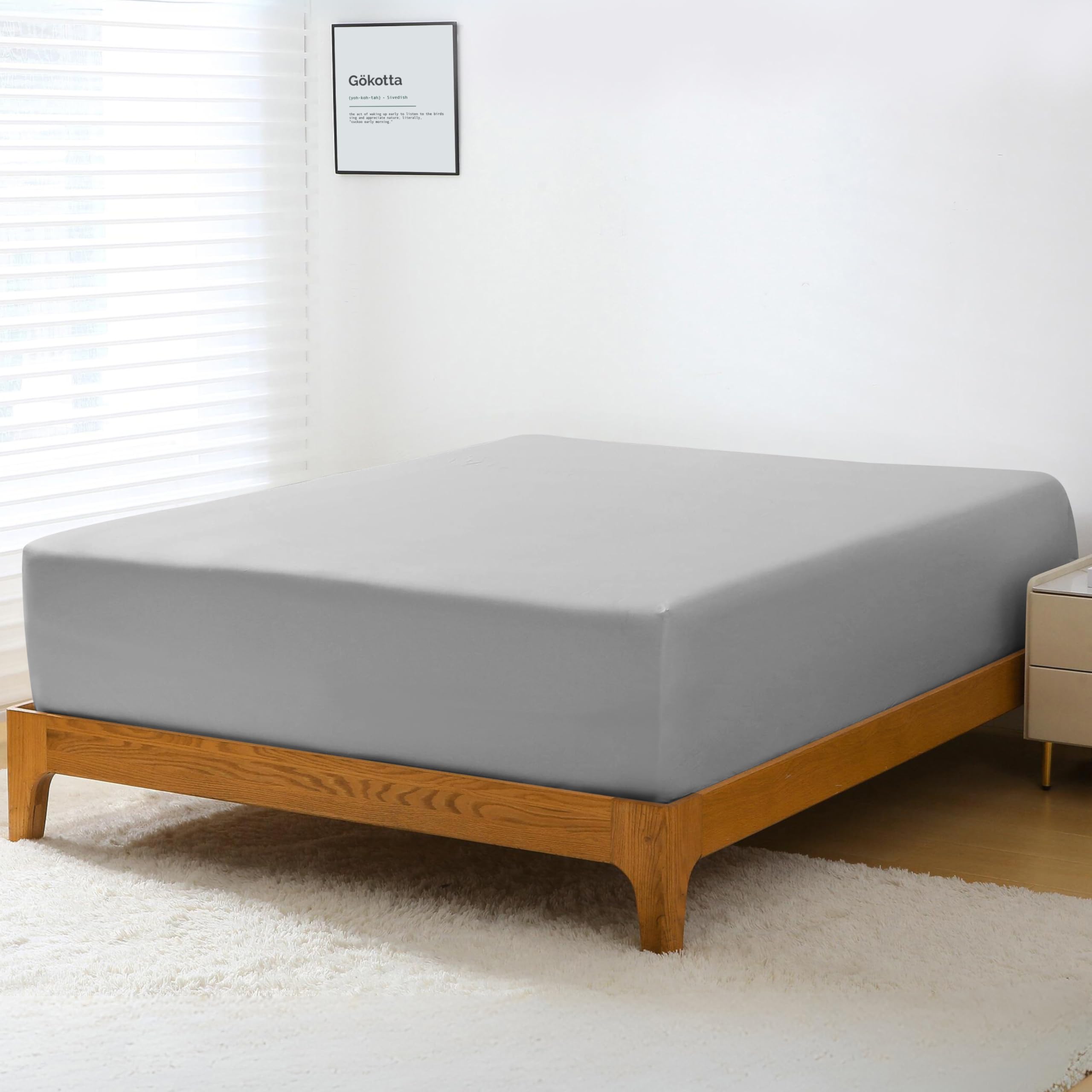 GOKOTTA Fitted Sheet Only - 16 Inch Pocket Bamboo Rayon Fitted Sheet, Super Soft and Cooling Bottom Sheet with 4 Elastic Corner Straps(Grey, California King)