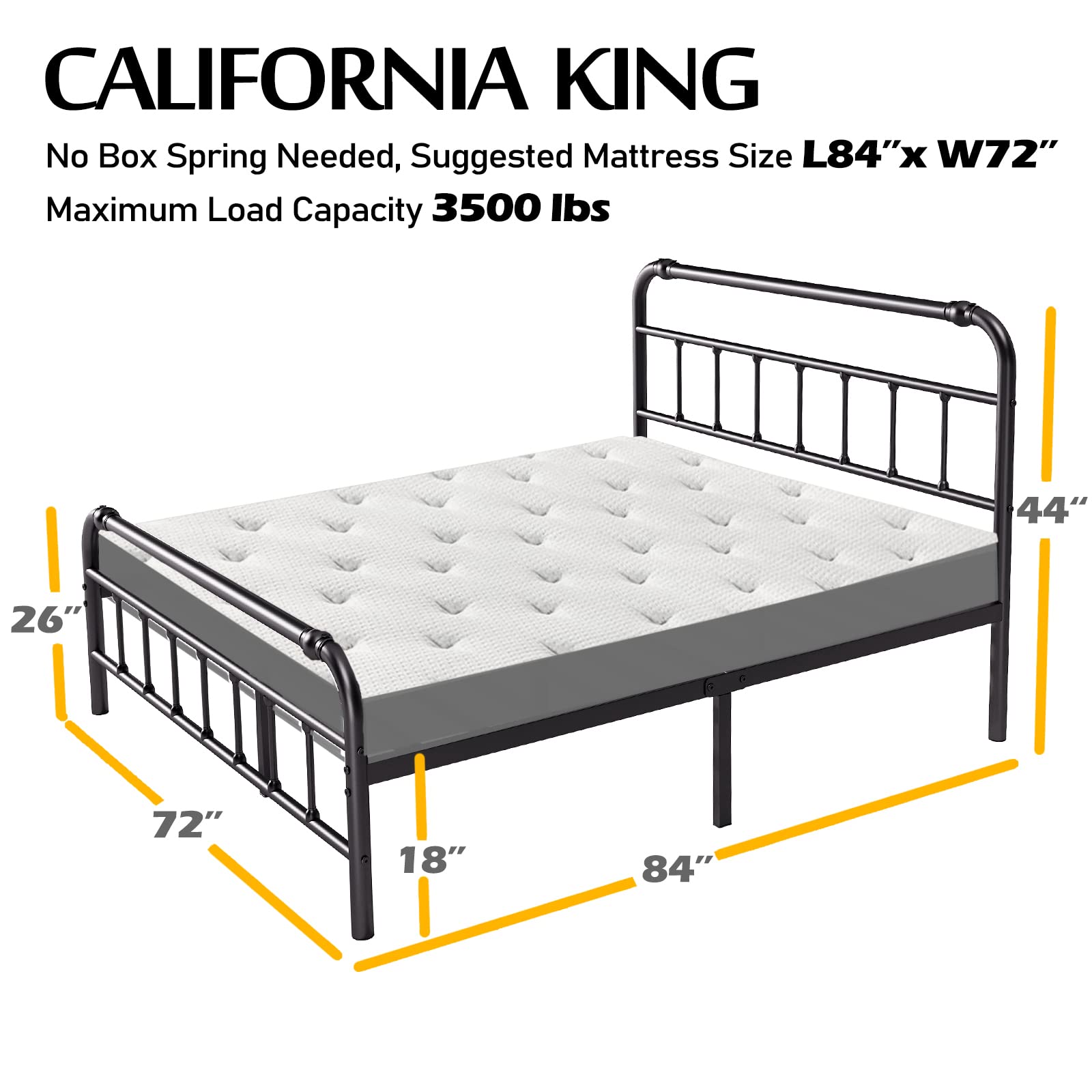 BOSRII California King Bed Frame with Headboard and Footboard, 18 Inches High, 3500 Pounds Heavy Duty Metal Slats Support for Mattress, No Box Spring Needed,Noise-Free, Black