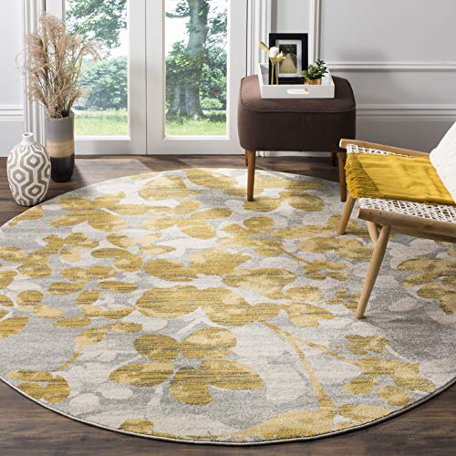 SAFAVIEH Evoke Collection 6'7" Round Grey / Gold EVK236P Floral Non-Shedding Dining Room Entryway Foyer Living Room Bedroom Area Rug