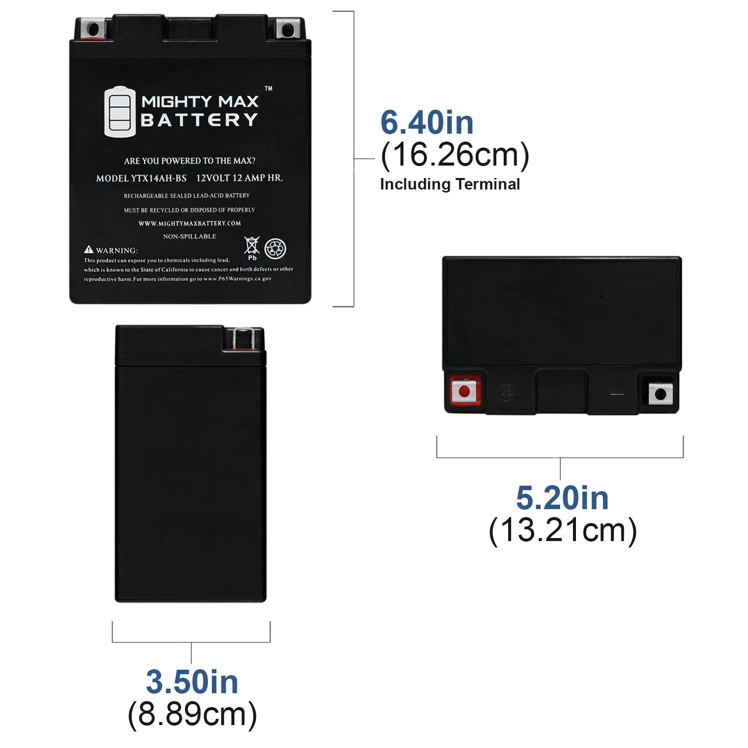 Mighty Max Battery YTX14AH-BS 12V 12Ah Battery Replaces Kawasaki KLF Bayou, KEF Lakota