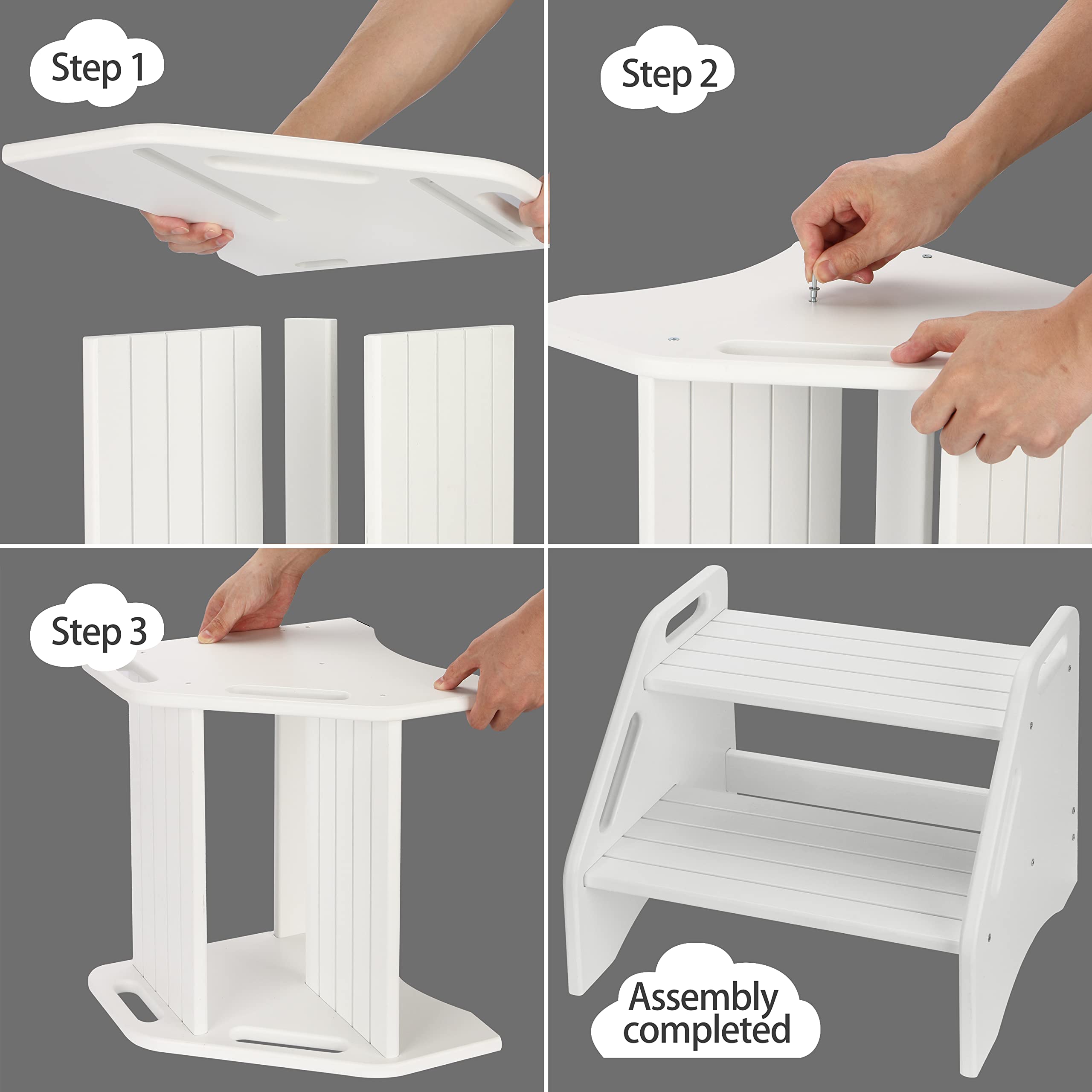 AMBIRD Wooden Two Step Stools Toddler with Safety Non-Slip Pads and Handles, Bamboo Step Stool for Bathroom, Bedroom, Kitchen Dual Height Step Stools for Kids (White)