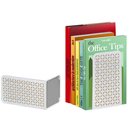 Acrimet Metal Bookends Design Series (Heavy Duty) (White Bookend with Gold Design) (1 Pair Pack)