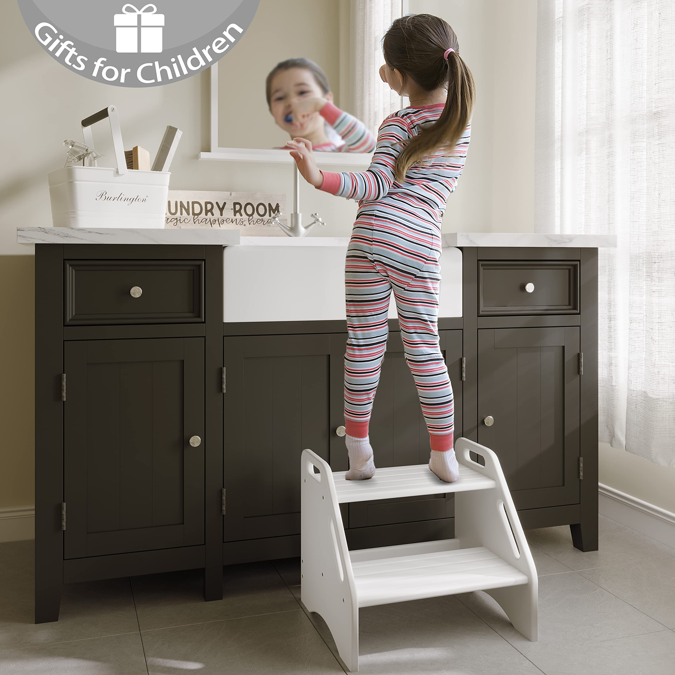 AMBIRD Wooden Two Step Stools Toddler with Safety Non-Slip Pads and Handles, Bamboo Step Stool for Bathroom, Bedroom, Kitchen Dual Height Step Stools for Kids (White)