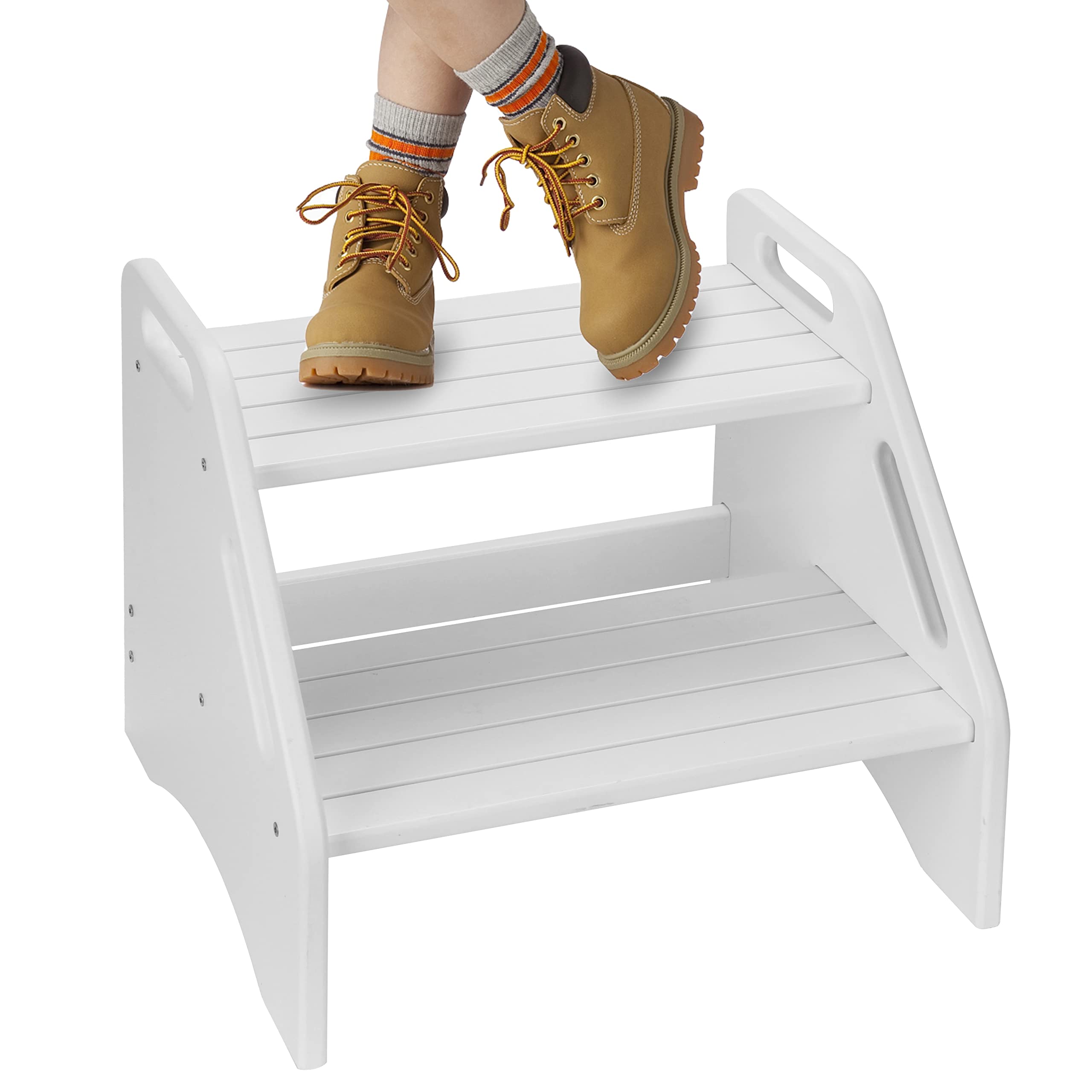 AMBIRD Wooden Two Step Stools Toddler with Safety Non-Slip Pads and Handles, Bamboo Step Stool for Bathroom, Bedroom, Kitchen Dual Height Step Stools for Kids (White)
