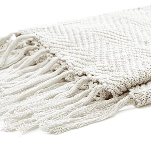 Longhui bedding Cream Fringe Knit Cotton Throw Blanket, 50 x 60 Inches Decorative Knitted Cover with 6 Inches Tassels, Lightweight Couch Blanket, Beige