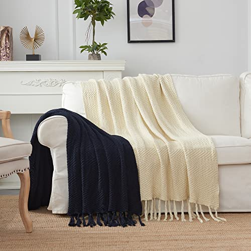 Longhui bedding Cream Fringe Knit Cotton Throw Blanket, 50 x 60 Inches Decorative Knitted Cover with 6 Inches Tassels, Lightweight Couch Blanket, Beige