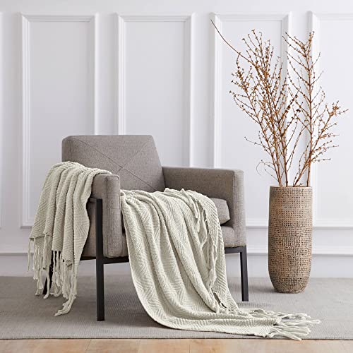 Longhui bedding Cream Fringe Knit Cotton Throw Blanket, 50 x 60 Inches Decorative Knitted Cover with 6 Inches Tassels, Lightweight Couch Blanket, Beige