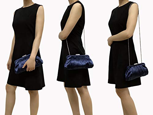 CHARMING TAILOR Classic Pleated Satin Clutch Bag Diamante Embellished Formal Purse for Wedding/Prom/Black-Tie Events (Navy)