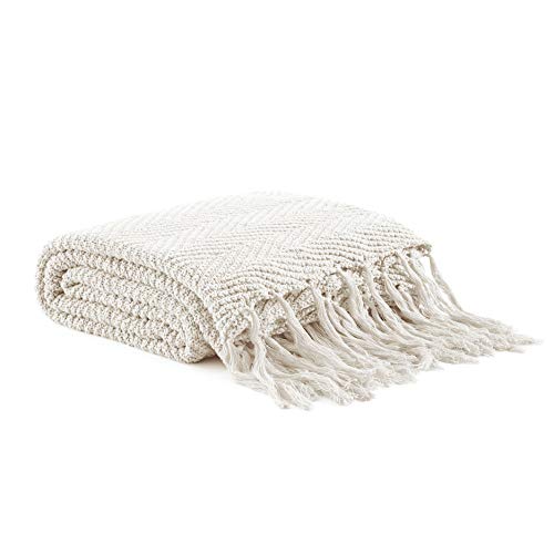 Longhui bedding Cream Fringe Knit Cotton Throw Blanket, 50 x 60 Inches Decorative Knitted Cover with 6 Inches Tassels, Lightweight Couch Blanket, Beige