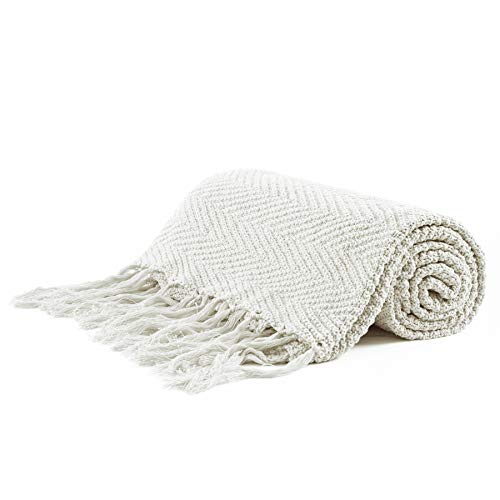 Longhui bedding Cream Fringe Knit Cotton Throw Blanket, 50 x 60 Inches Decorative Knitted Cover with 6 Inches Tassels, Lightweight Couch Blanket, Beige