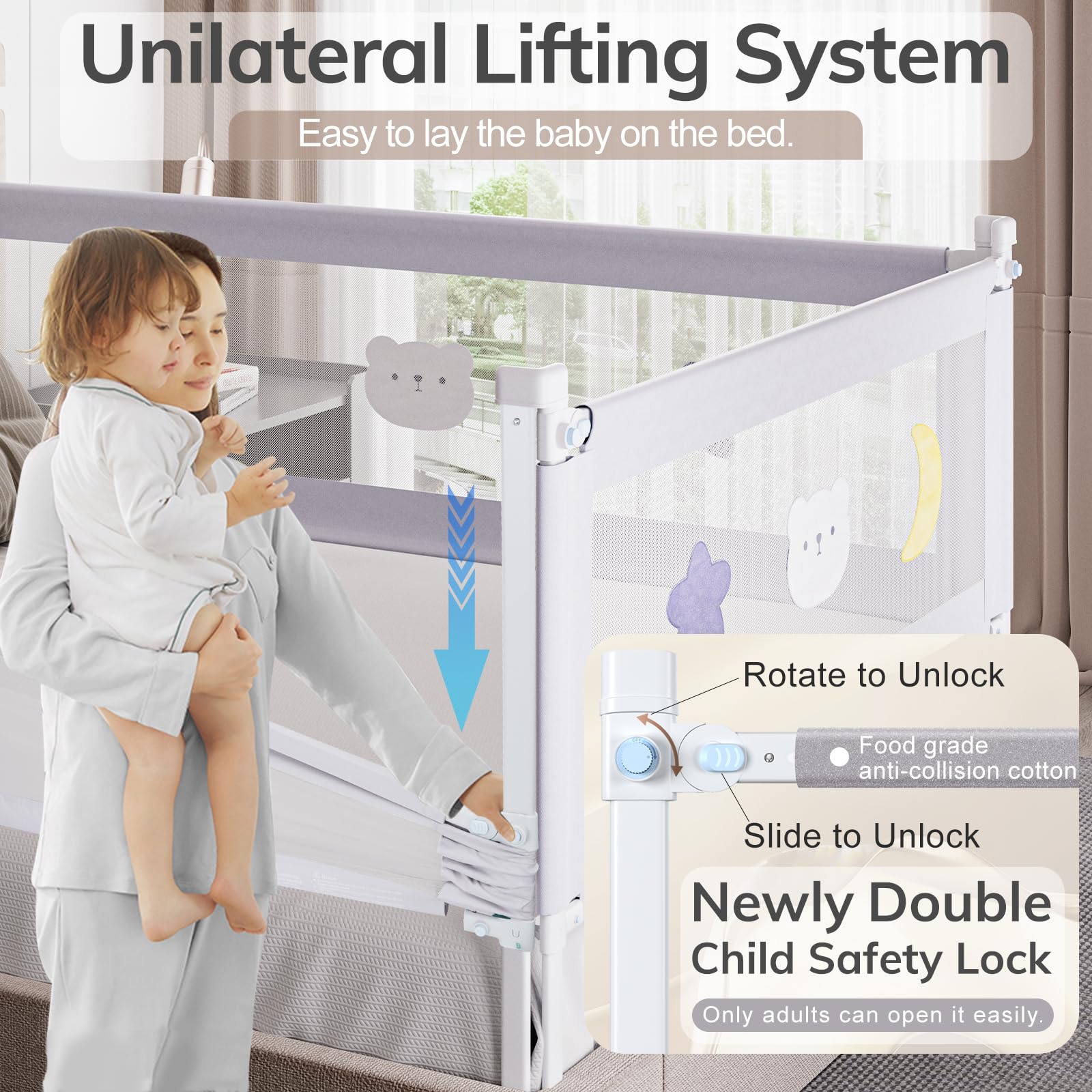 omzer Bed Rail for Toddlers - Baby Bed Guard Rail with Double Child Lock, Safety Bedrail for Children Kids with Pattern, Infants Height Adjustment Guardrail for Full Queen King Size - 1 Pack, 74.8”