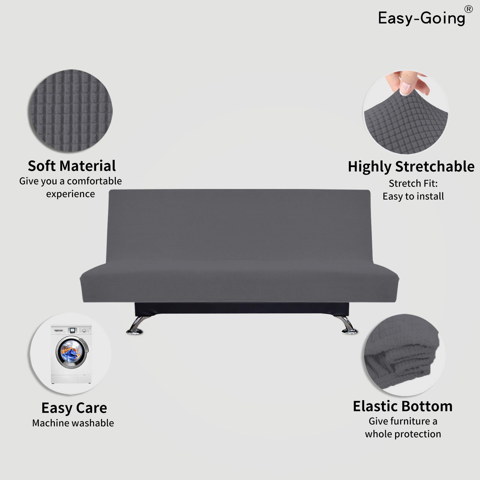 Easy-Going Stretch Futon Slipcover Armless Futon Bed Cover Furniture Protector Without Armrests with Elastic Bottom for Kids, Soft Jacquard Fabric Small Checks (Large, Grey)