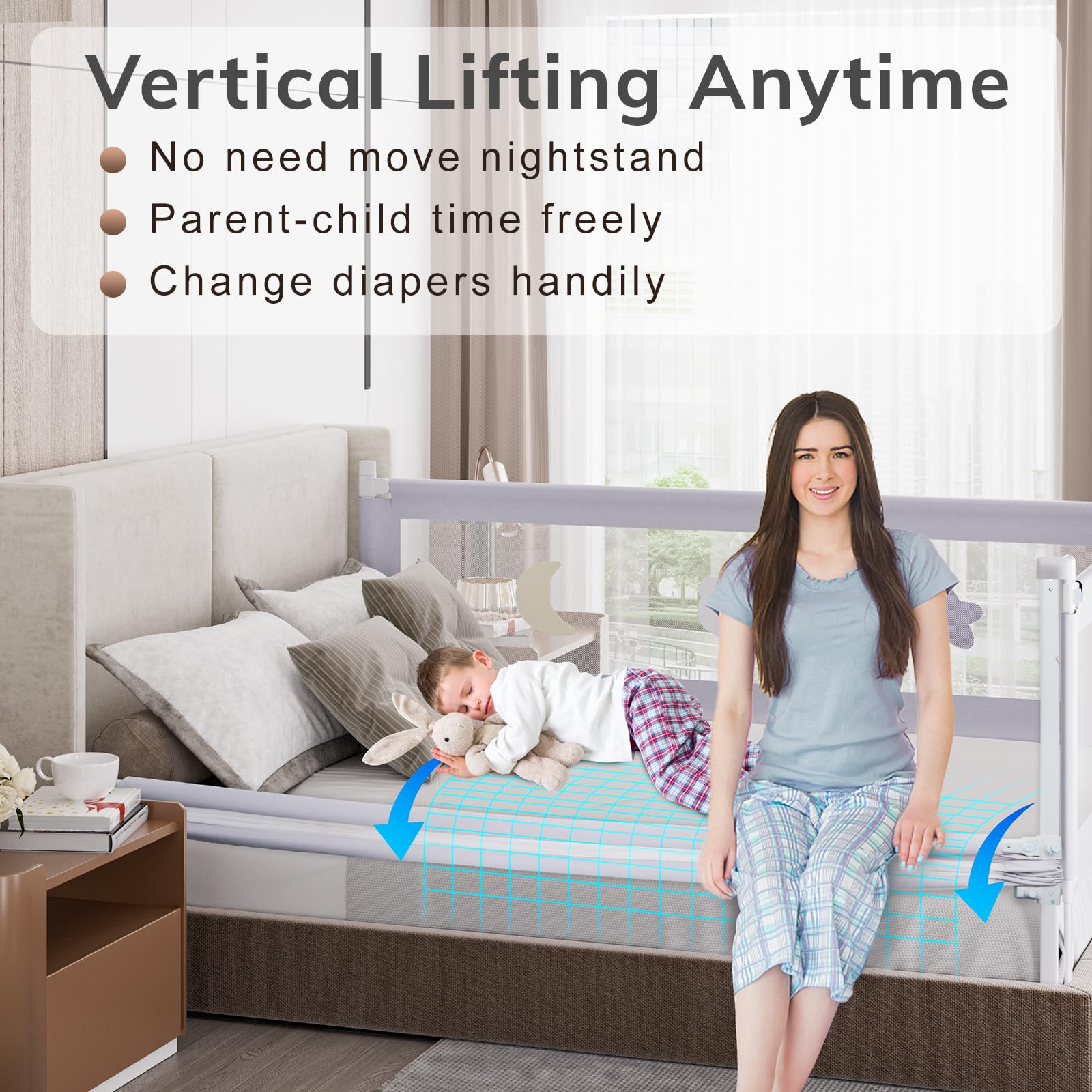 omzer Bed Rail for Toddlers - Baby Bed Guard Rail with Double Child Lock, Safety Bedrail for Children Kids with Pattern, Infants Height Adjustment Guardrail for Full Queen King Size - 1 Pack, 74.8”