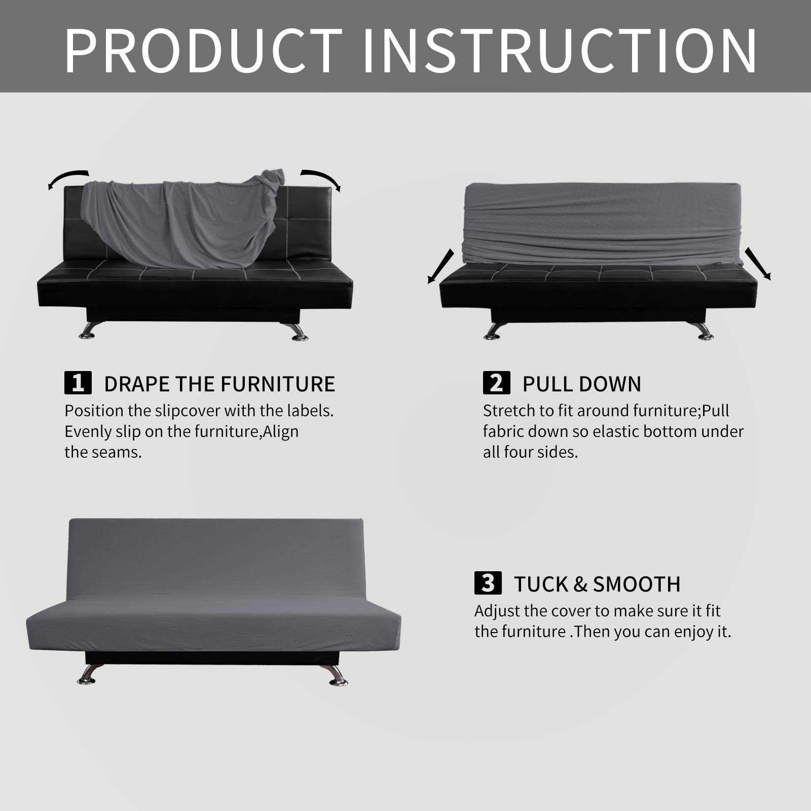 Easy-Going Stretch Futon Slipcover Armless Futon Bed Cover Furniture Protector Without Armrests with Elastic Bottom for Kids, Soft Jacquard Fabric Small Checks (Large, Grey)