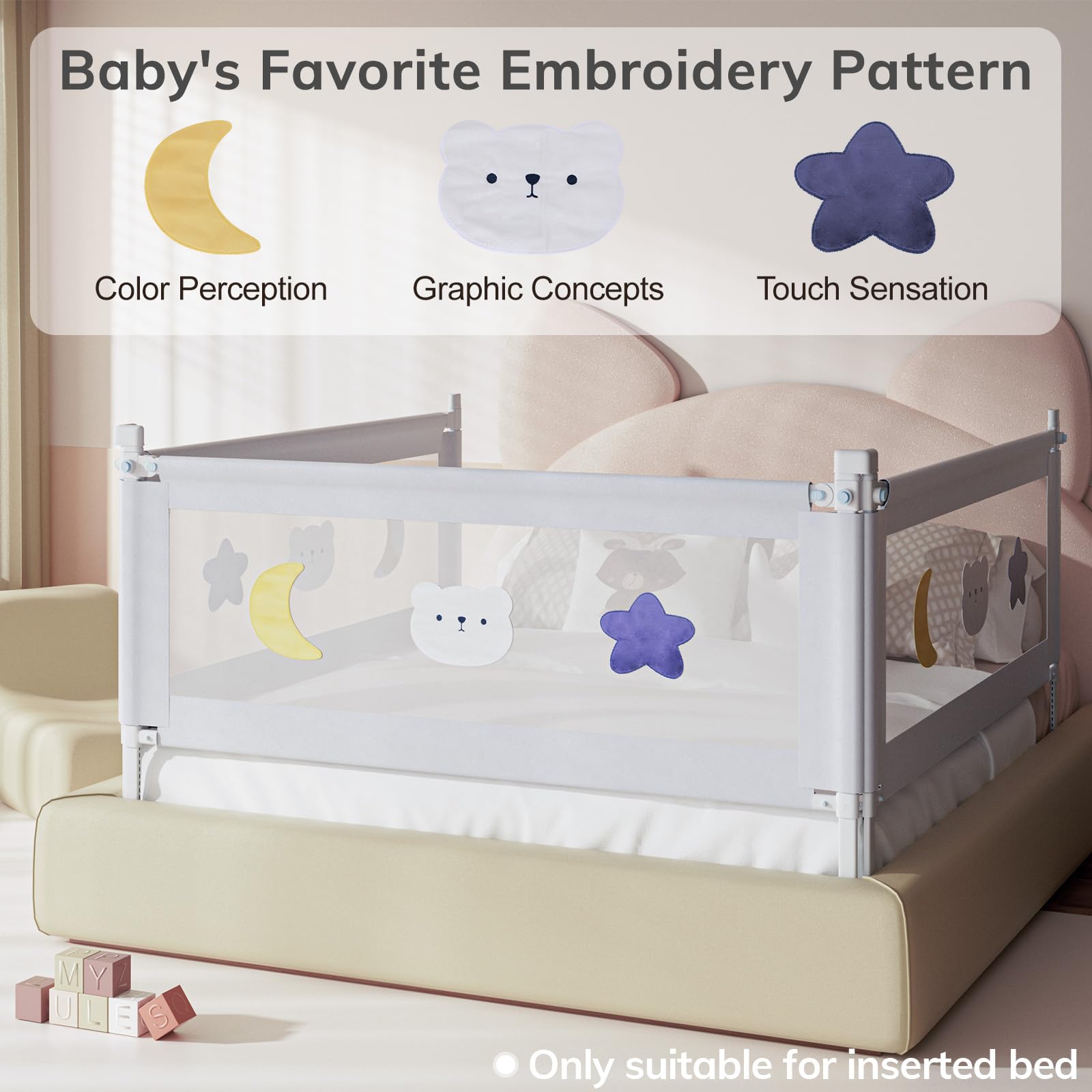 omzer Bed Rail for Toddlers - Baby Bed Guard Rail with Double Child Lock, Safety Bedrail for Children Kids with Pattern, Infants Height Adjustment Guardrail for Full Queen King Size - 1 Pack, 74.8”