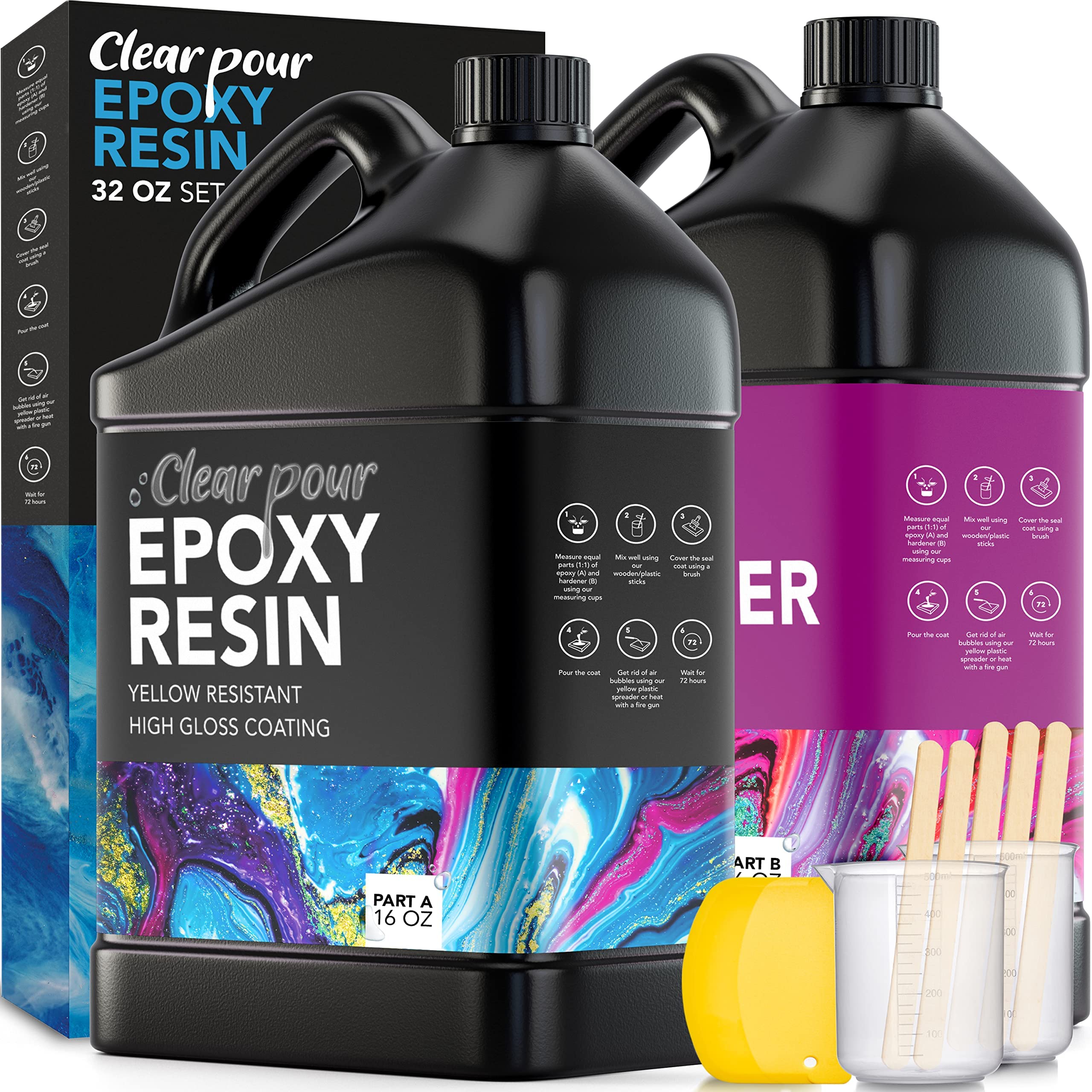 Clear Pour 32oz Epoxy Resin Kit - Crystal Clear Epoxy Resin Kit - Art Resin, Craft, Jewelry Casting, DIY, Tumblers, Wood & Resin Molds (16oz x 2)