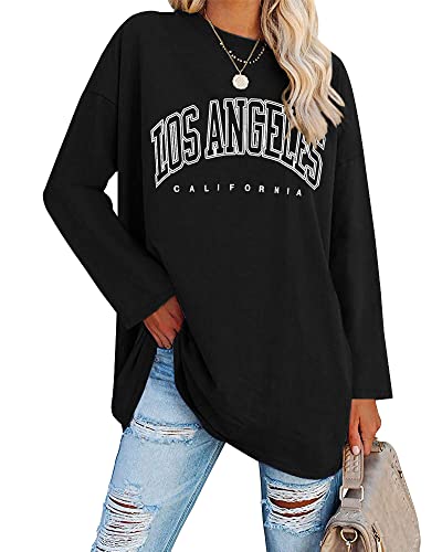 Fazortev Womens Oversized Long Sleeve T Shirts Los Angeles California Graphic Tees Loose Fit Casual Crew Neck Tunic Tops Black