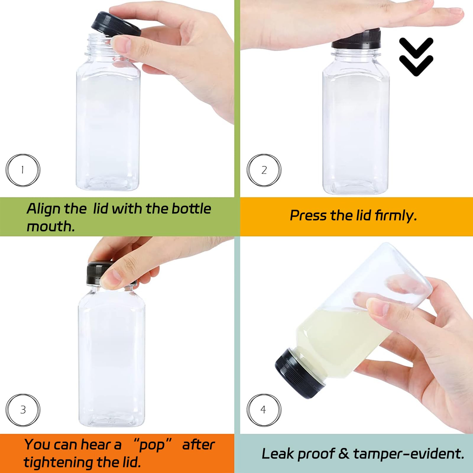 BAKHUK 36pcs 8oz Empty Plastic Juice Bottles with Lids, Reusable Clear Containers with Black Tamper Evident Caps for Juice, Milk and Other Beverages