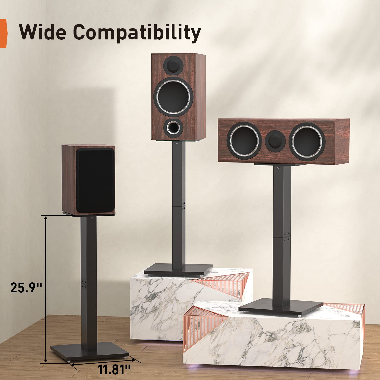 Perlegear Universal Bookshelf Speaker Stands with Aluminum Column for Speakers up to 22 lbs, Speaker Stand Pair with Cable Management, Surround Sound Speaker Stand PGSS9-1 Black