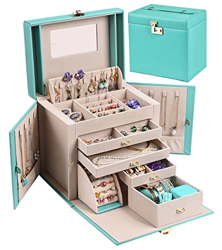 SANSREPONSE Jewelry Box Large Organizer Faux-Leather with Mirror Drawers Lock Gift for Women (TF Blue-L)