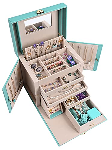 SANSREPONSE Jewelry Box Large Organizer Faux-Leather with Mirror Drawers Lock Gift for Women (TF Blue-L)