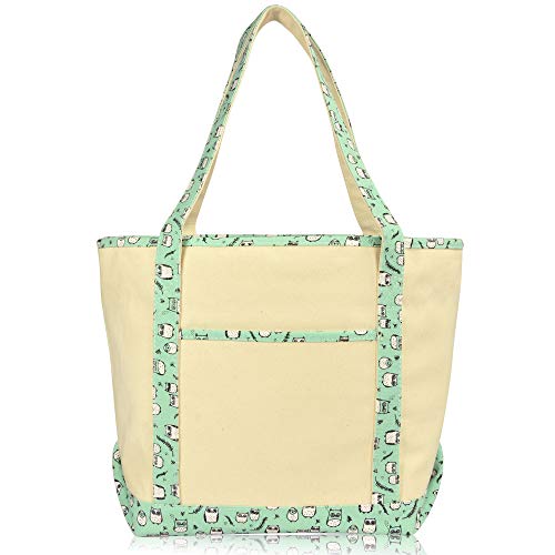 DALIX 20" Large Teal Owl Tote Shoulder Bag Natural Cotton Canvas