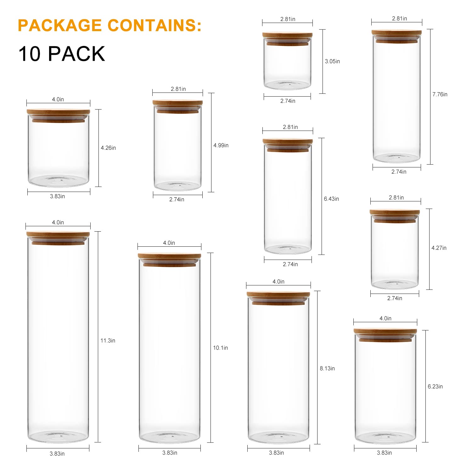 Cadamada Clear Glass Storage Jars with Lids,Airtight Food Storage Canisters with Bamboo Lids,Glass Pantry Storage Containers for Kitchen,Pantry,Flour,Coffee,Cereal,Spice,Beans,Pasta,Powder(10 pcs)