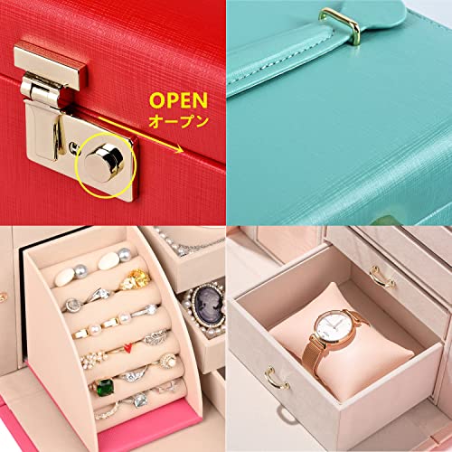 SANSREPONSE Jewelry Box Large Organizer Faux-Leather with Mirror Drawers Lock Gift for Women (TF Blue-L)