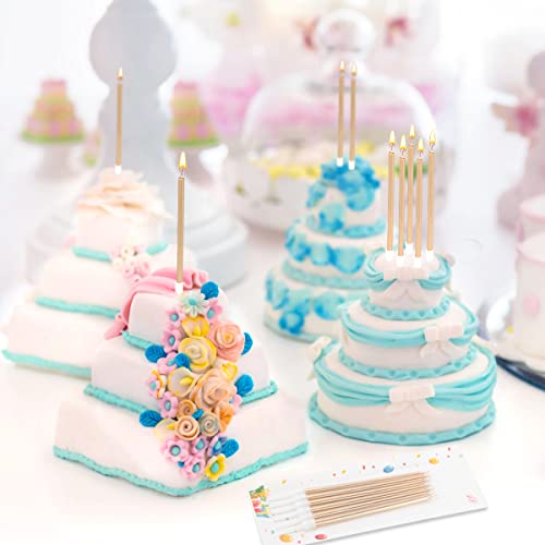 24 Count Party Long Thin Cake Candles Metallic Birthday Candles in Holders for Birthday Cakes Cupcake , Champagne Gold