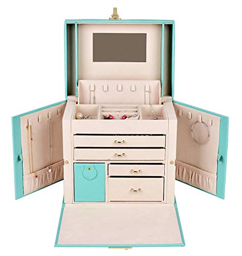 SANSREPONSE Jewelry Box Large Organizer Faux-Leather with Mirror Drawers Lock Gift for Women (TF Blue-L)