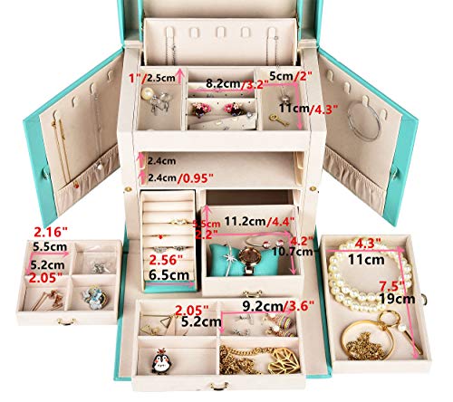 SANSREPONSE Jewelry Box Large Organizer Faux-Leather with Mirror Drawers Lock Gift for Women (TF Blue-L)