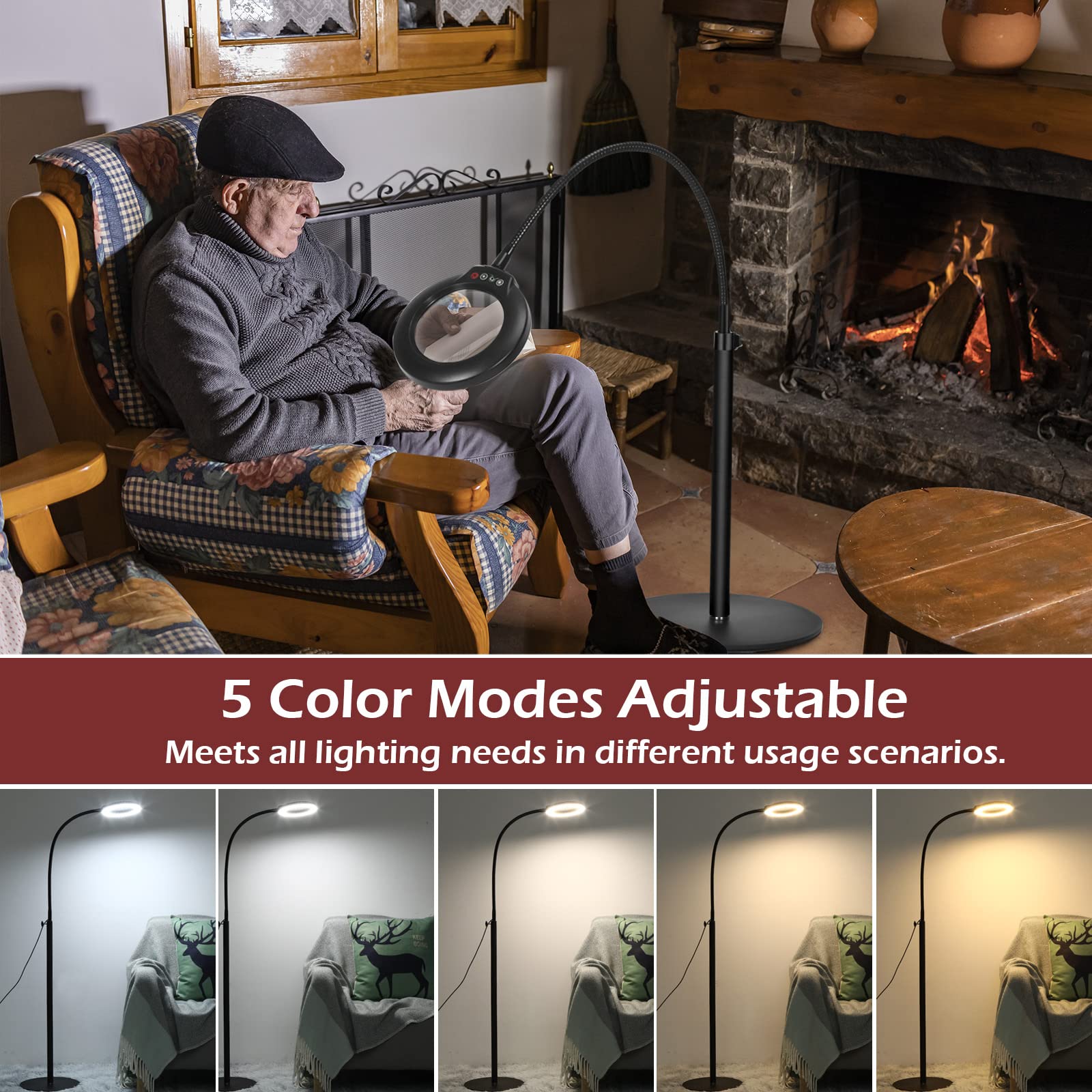 Veemagni 5X Stand Magnifying Glass with Light, 24" Flexible Gooseneck 5 Color Modes Stepless Dimmable Magnifying Floor Lamp, 3-in-1 Adjustable Lighted Magnifier Hands Free for Close Work, Esthetican