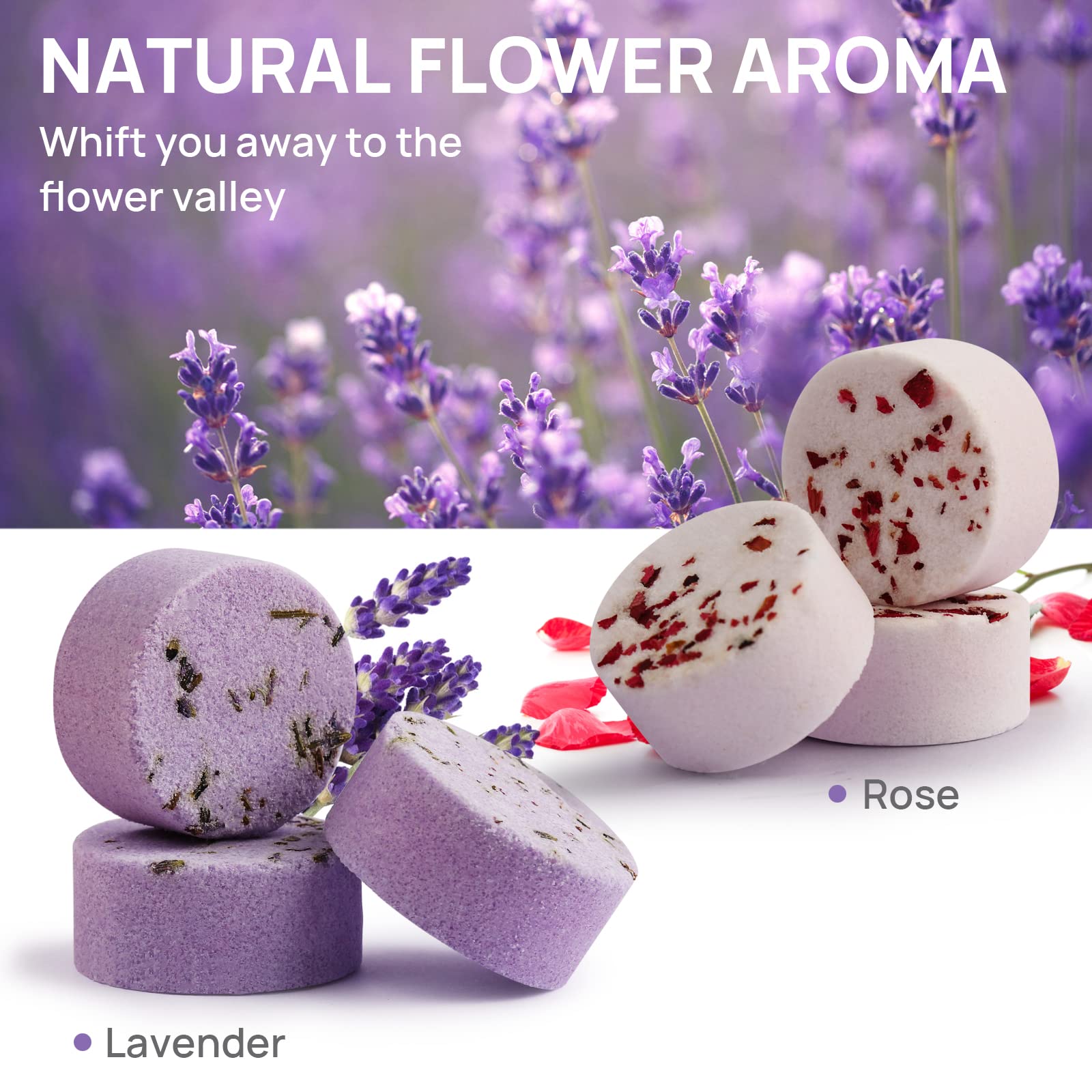 DAISY ENCENS Aromatherapy Shower Steamers for Home Spa Relaxation, 6 Pack Shower Bath Bombs with Pure Essential Oils, Moisturizes Skin, Self Care and Pampering Gifts for Her, Lavender, Rose