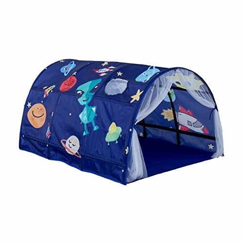 Happy Tent Space Stars Bed Tents for Kids Portable Play Game House Boys Girls Breathable Cottage DIY Inner Pocket Sleeping Toddlers Playhouse with Double Net Curtain & Carry Bag (Blue)