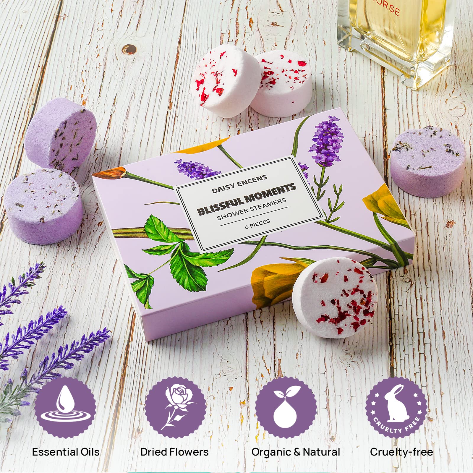 DAISY ENCENS Aromatherapy Shower Steamers for Home Spa Relaxation, 6 Pack Shower Bath Bombs with Pure Essential Oils, Moisturizes Skin, Self Care and Pampering Gifts for Her, Lavender, Rose