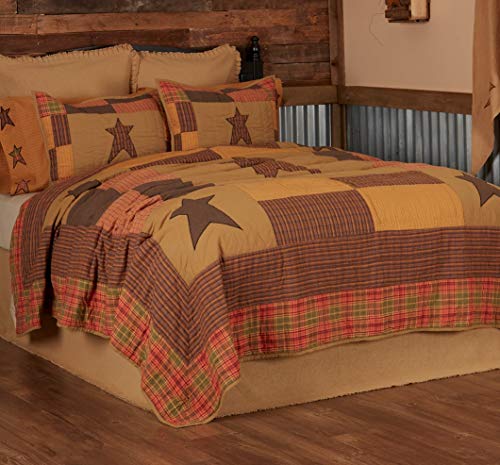VHC Brands Stratton California King Quilt 130Wx115L Primitive Country Patchwork Design, Tan and Red-Orange