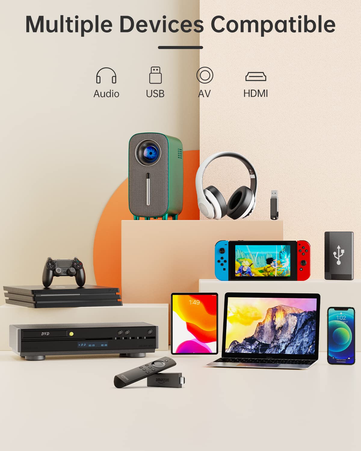 Mini Projector, HISION Bluetooth Projector 1080P Projector 4K Movie Projector Portable Home TV Projector 8500L Outdoor Video LED Projector Compatible with TV Stick Laptop Phone Tablet HDMI USB DVD H7