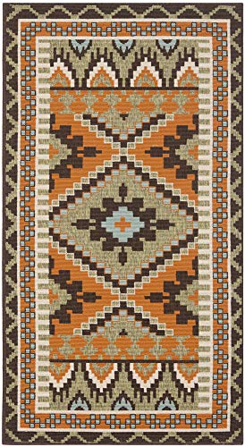 SAFAVIEH Veranda Collection 2'7" x 5' Green / Terracotta VER096 Boho Indoor/ Outdoor Non-Shedding Easy--Cleaning Patio Backyard Porch Deck Mudroom Area--Rug