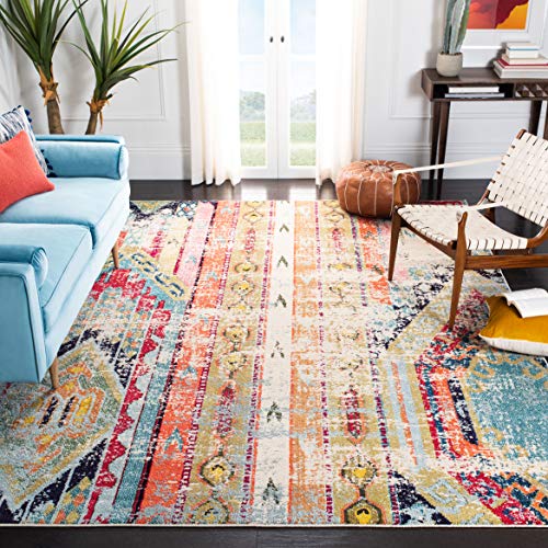 SAFAVIEH Madison Collection 8' x 10' Blue/Orange MAD422F Boho Chic Tribal Distressed Non-Shedding Living Room Bedroom Dining Home Office Area Rug
