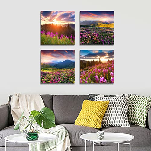 Noah Art-Modern Landscape Art Print Posters, Sun Light over Mountains Wall Art Pictures of Flowers on Canvas Print, 4 Piece Sunrise Canvas Art Ready to Hang Outdoor Wall Art for Bathroom Wall Decor
