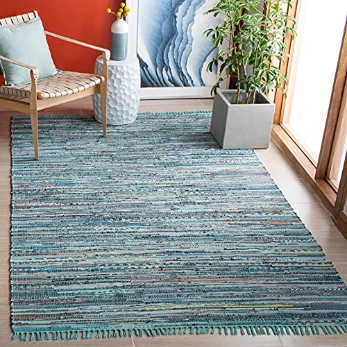 SAFAVIEH Rag Rug Collection 3' x 5' Turquoise / Multi RAR127C Handmade Boho Stripe Cotton Area Rug