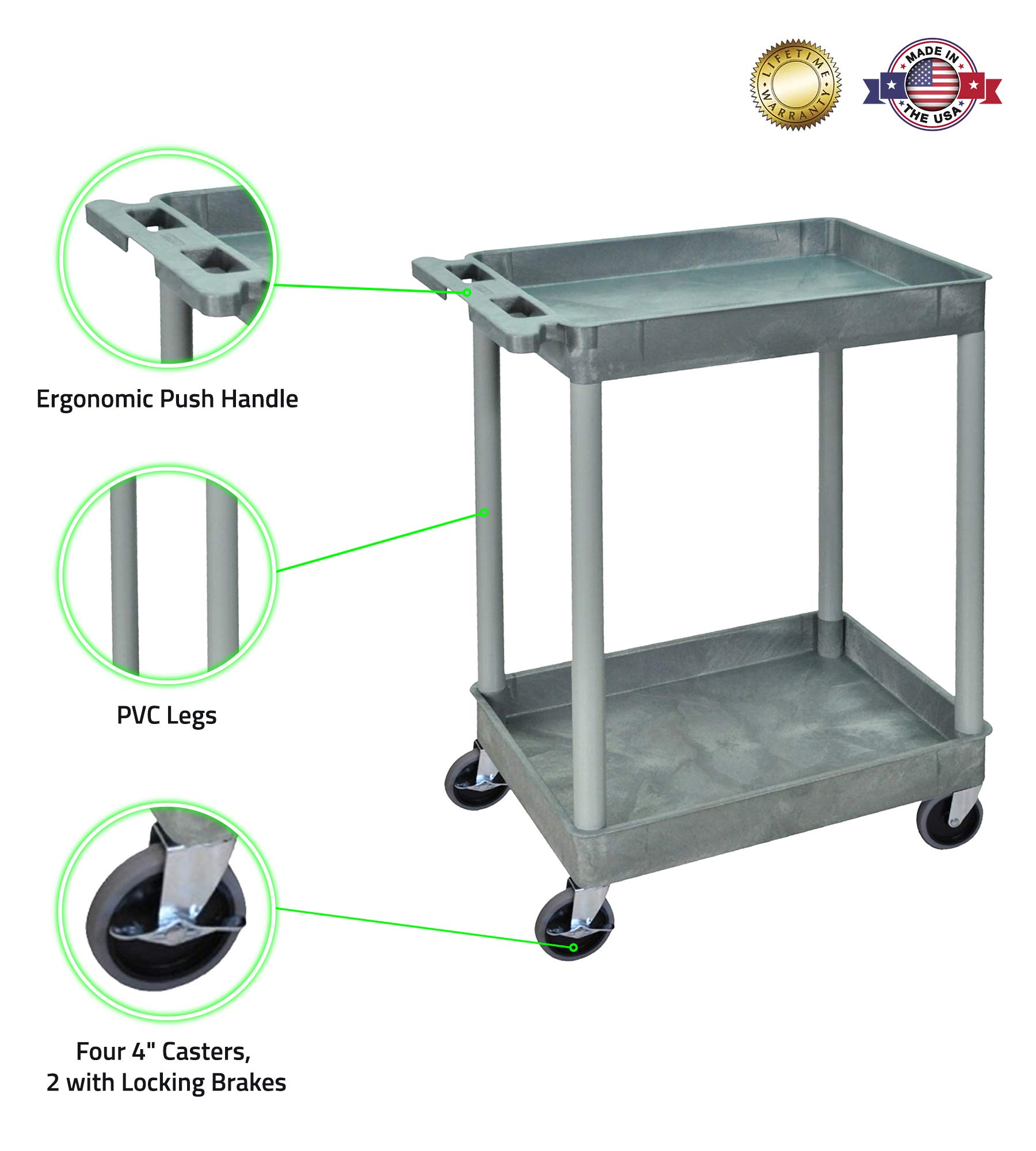 Luxor/H.Wilson Two Shelf Rolling Industrial Utility Tub Cart with Handle - 24 in. x 18 in, Gray