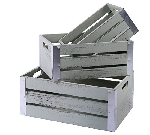 Vintage Wood Crates for Storage with Metal Trims (Set of 3, Light Green): Versatile Wooden Storage Boxes with Handles, Farmhouse Wooden Crates for Rustic Décor, Coutnry Style Boxes for Centerpieces