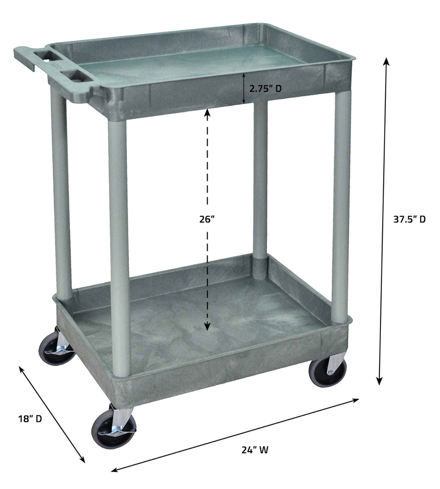 Luxor/H.Wilson Two Shelf Rolling Industrial Utility Tub Cart with Handle - 24 in. x 18 in, Gray