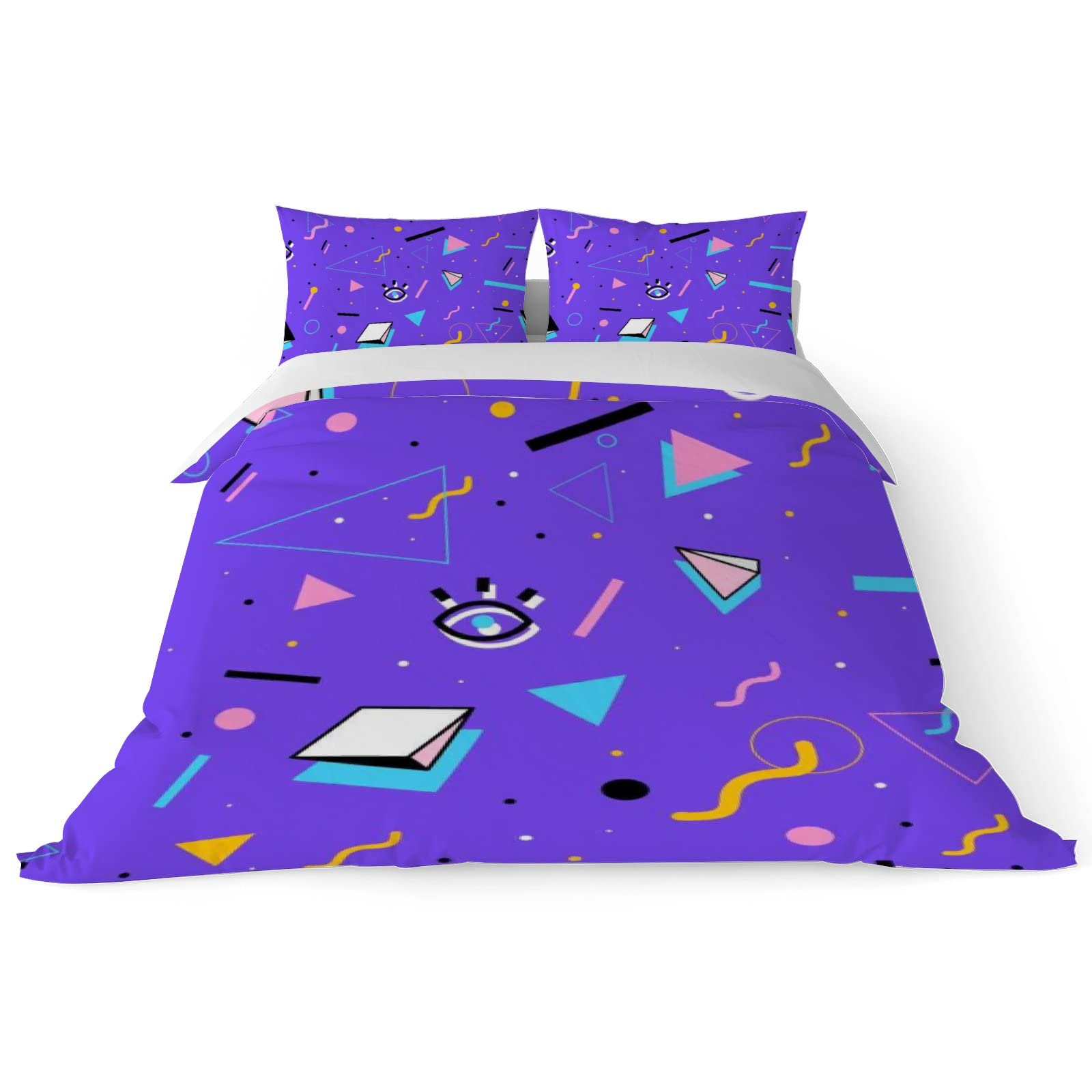 Duvet Cover Sets California King -Retro 80s Triangles-Bedding Comforter Set Breathable SetsSoft Microfiber 3 Pcs