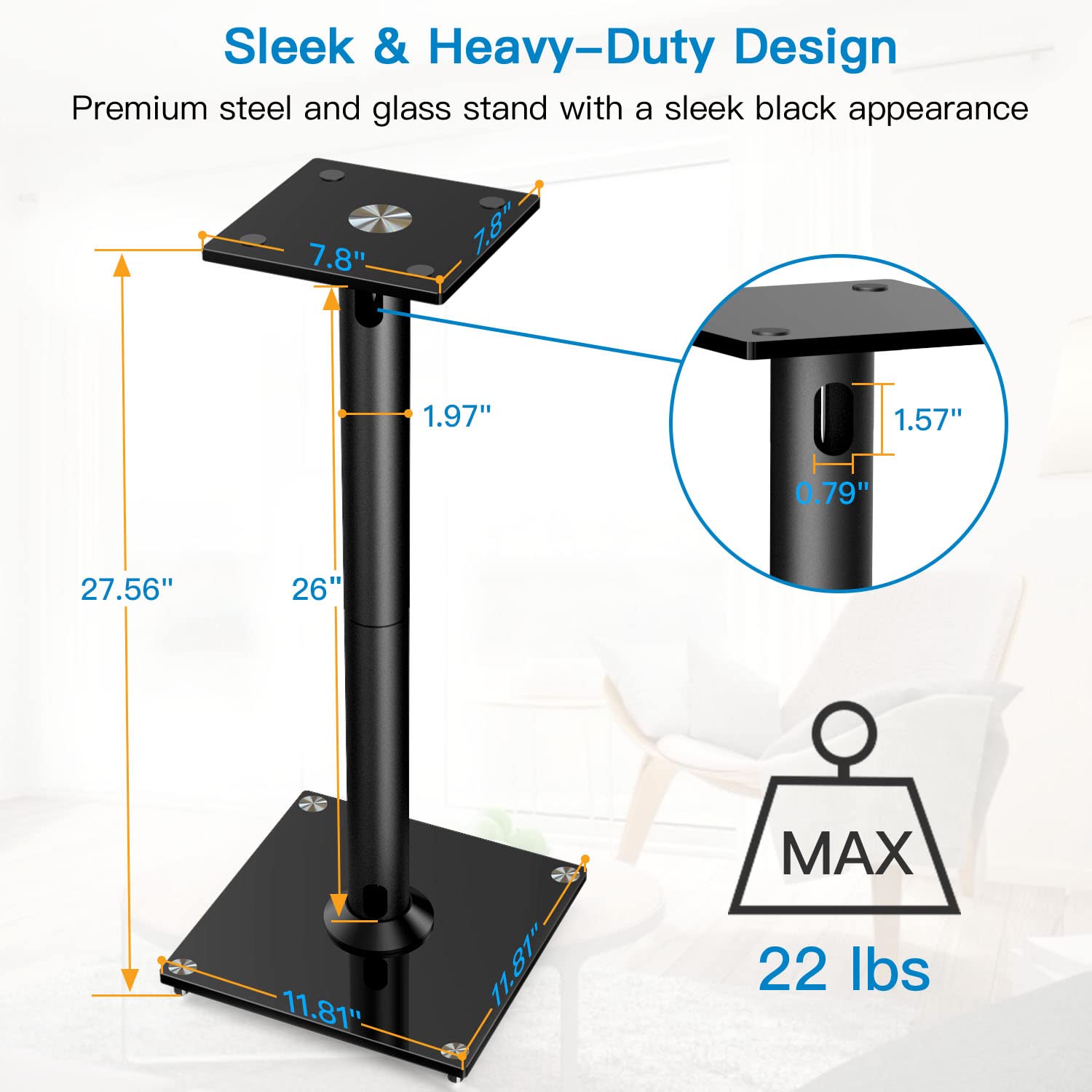 PERLESMITH Universal Floor Speaker Stands for Surround Sound up to 22LBS, 28 Inch Bookshelf Speaker Stand for Klipsch, Polk, Yamaha & Other Large Satellite, Bookshelf Speakers, Studio Monitors,1 Pair