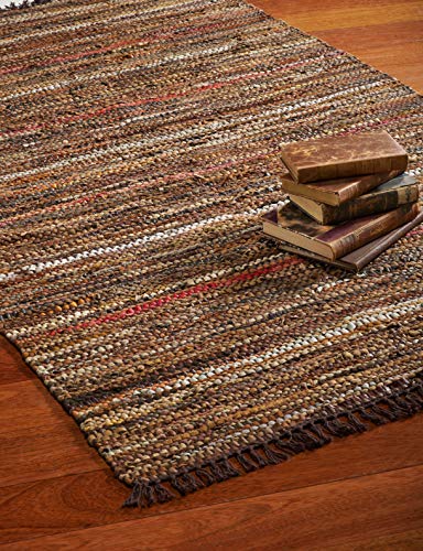 HF by LT Tucson Leather Rug, 27 x 45 inches, Handwoven Recycled Leather, Durable and Soft, Brown