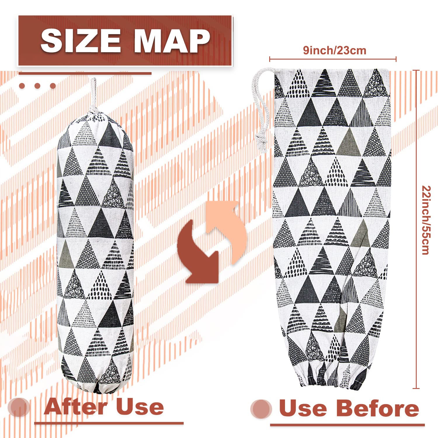Plastic Bag Holder,Wall Mount Plastic Bag Organizer,Washable Large Grocery Bag Storage Dispenser,Shopping Bags Carrier for Home Kitchen Travelling,Free Adjustment with Drawstring,Gray triangle, 22x9"