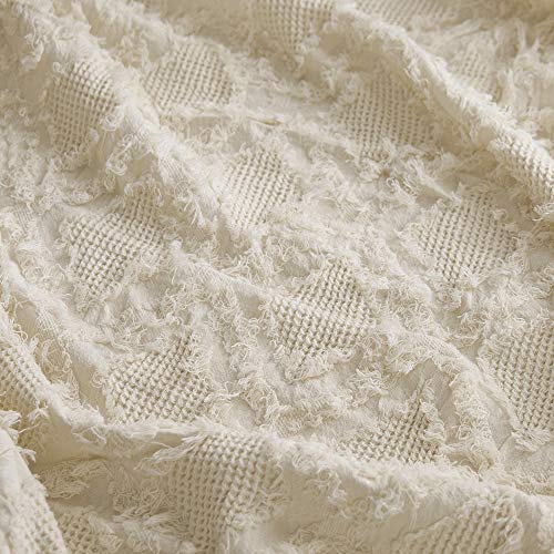 Simple&Opulence 100% Cotton Throw Blanket for Bed, Couch, Boho Textured Geometric Knit Woven Blanket with Tassels Soft, Lightweight Breathable Shabby Chic Farmhouse Decoration for All-Season(White)
